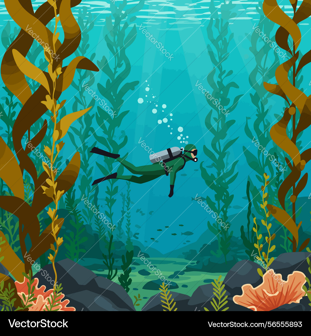 Diver exploring underwater with seaweed Royalty Free Vector