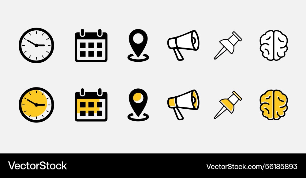 Time date pin brain and address icon set Vector Image