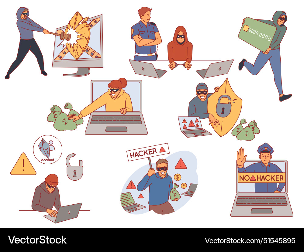 Cyber hackers scenes hacking system and Royalty Free Vector