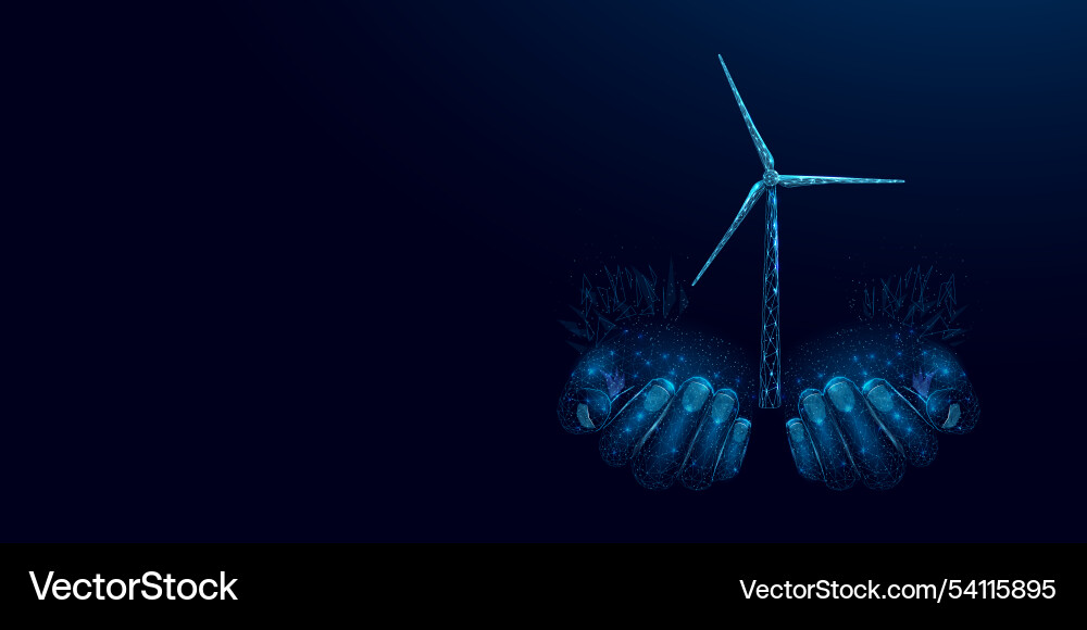 Two human hands are holds wind generation turbine Vector Image