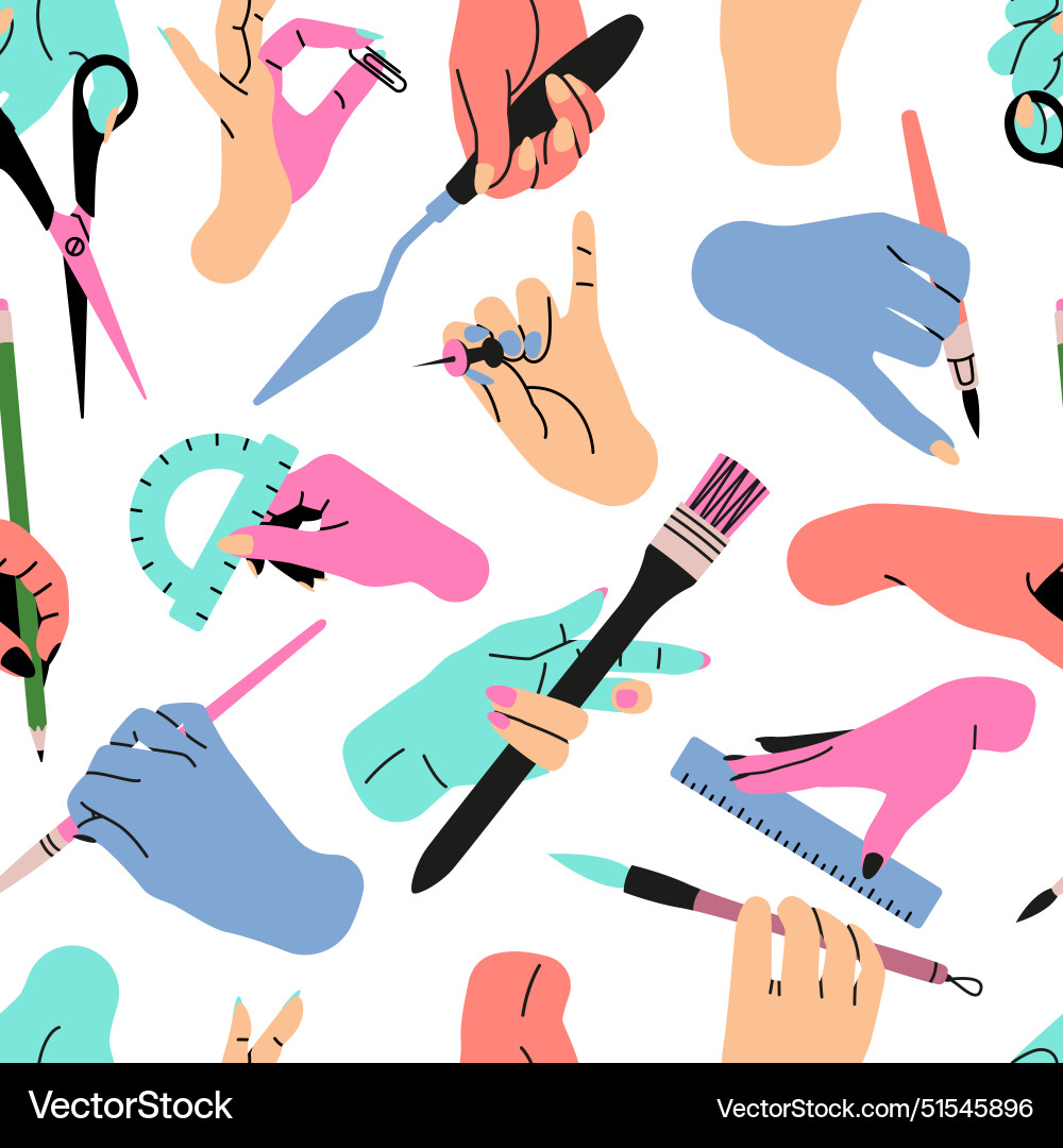 Colorful human hands hold stationery seamless Vector Image