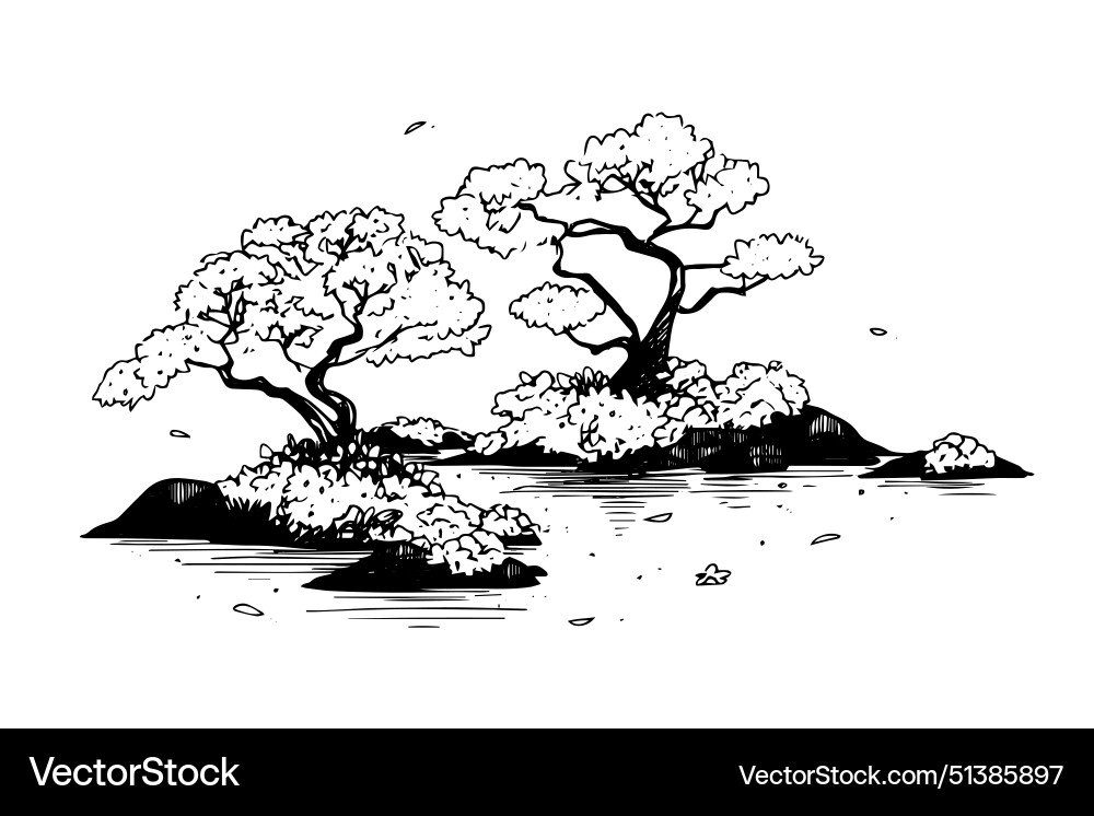 Minimalistic sakura tree landscape hand drawn ink Vector Image