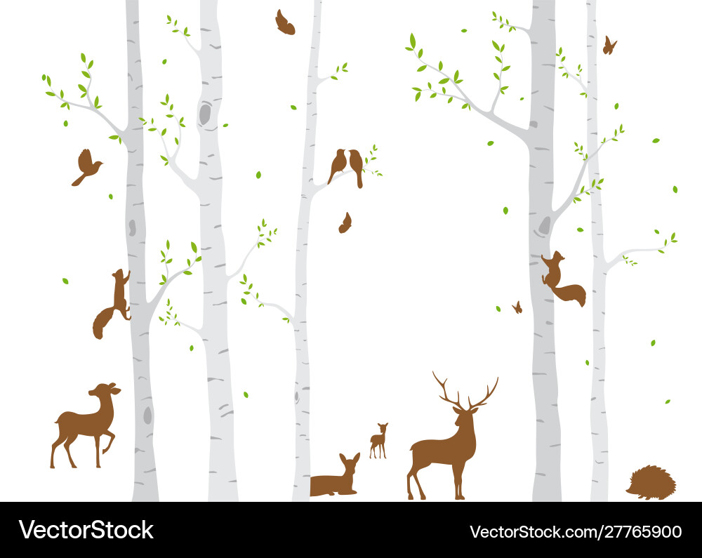 Birch tree with deer and birds Royalty Free Vector Image