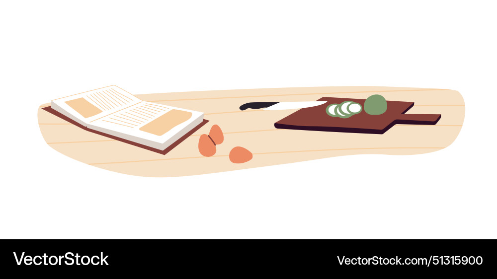 Cook meals with cookbook on kitchen worktop Vector Image