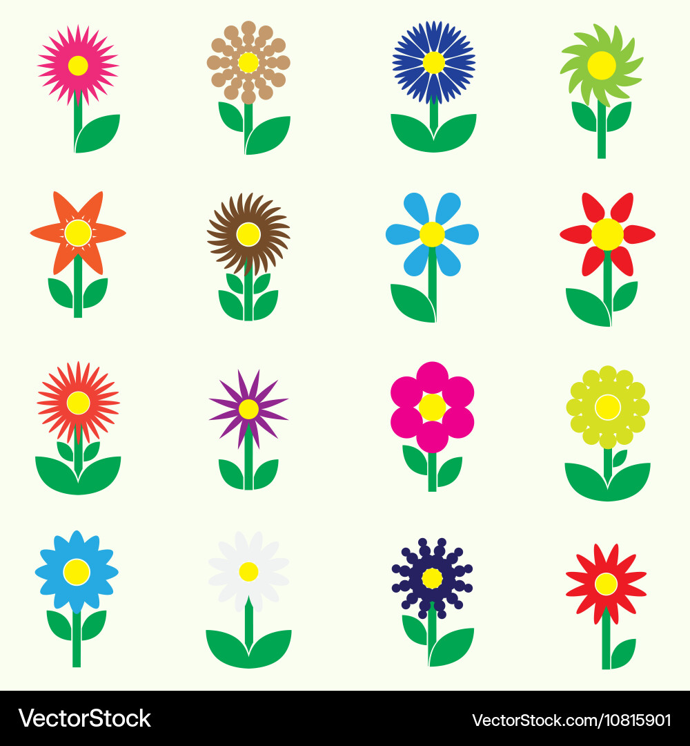 Modern colorful simple retro small flowers set Vector Image