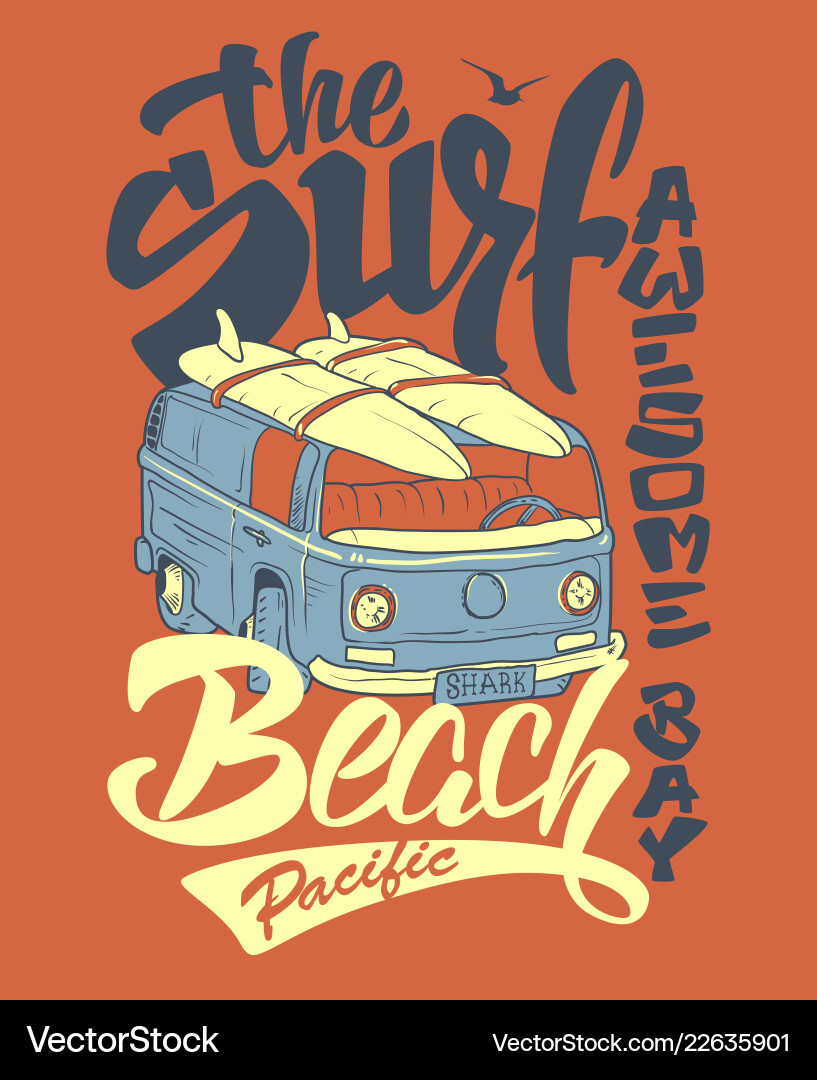 Retro Surf Van Print - Hand Lettered Royalty Free Vector