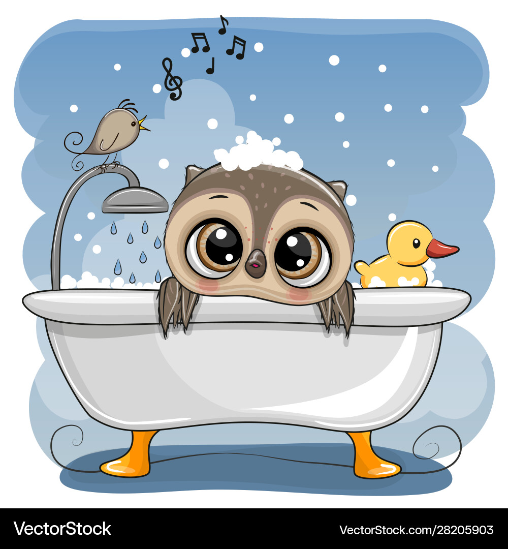 Cartoon owl in bathroom with a bird Royalty Free Vector