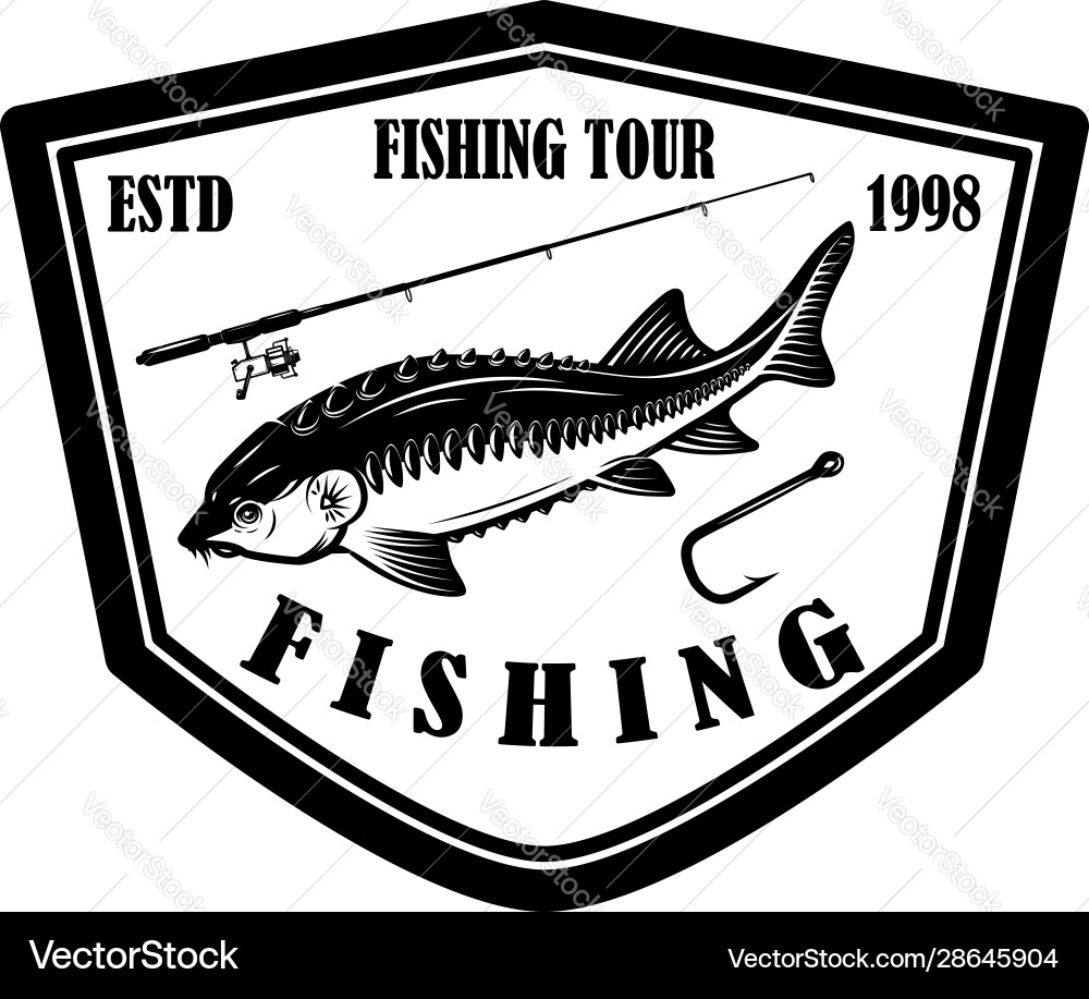 Fishing tour emblem template with sturgeon fish Vector Image