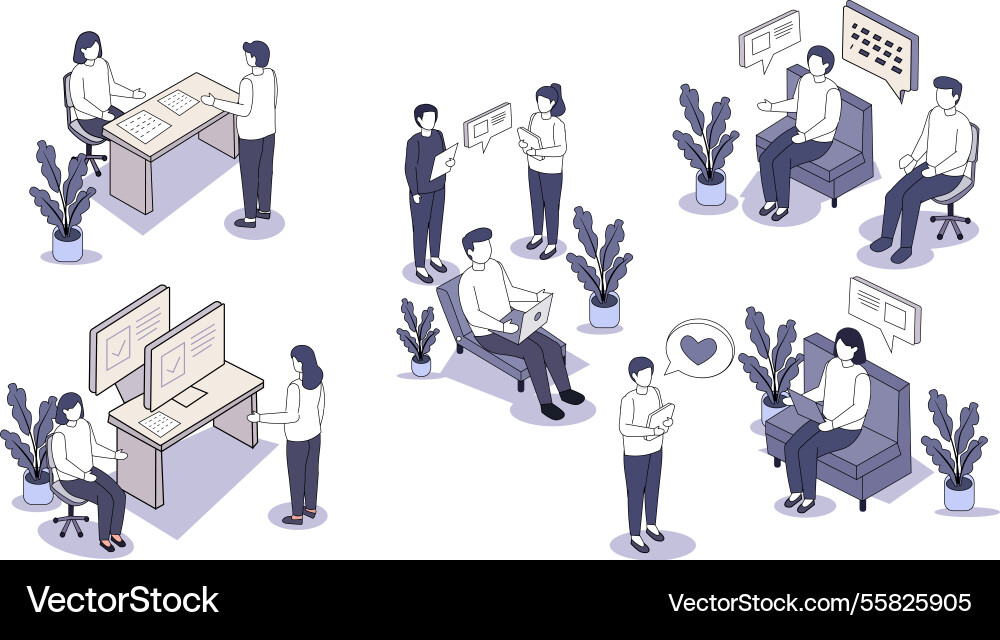 Isometric office interaction scenarios set Vector Image