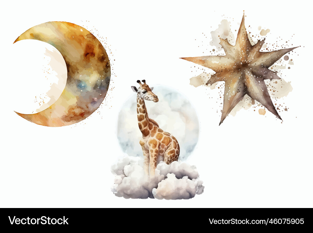 Set with crescent star and giraffe on cloud in 3d Vector Image