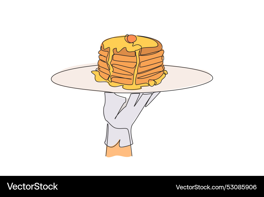 Continuous one line drawing waiter holds a food Vector Image