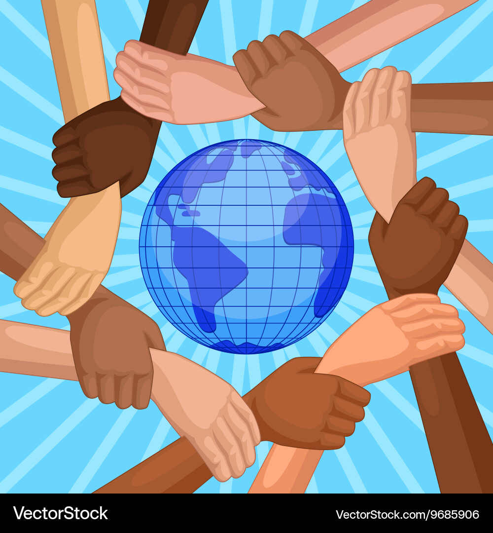 Multicultural hands around globe Royalty Free Vector Image