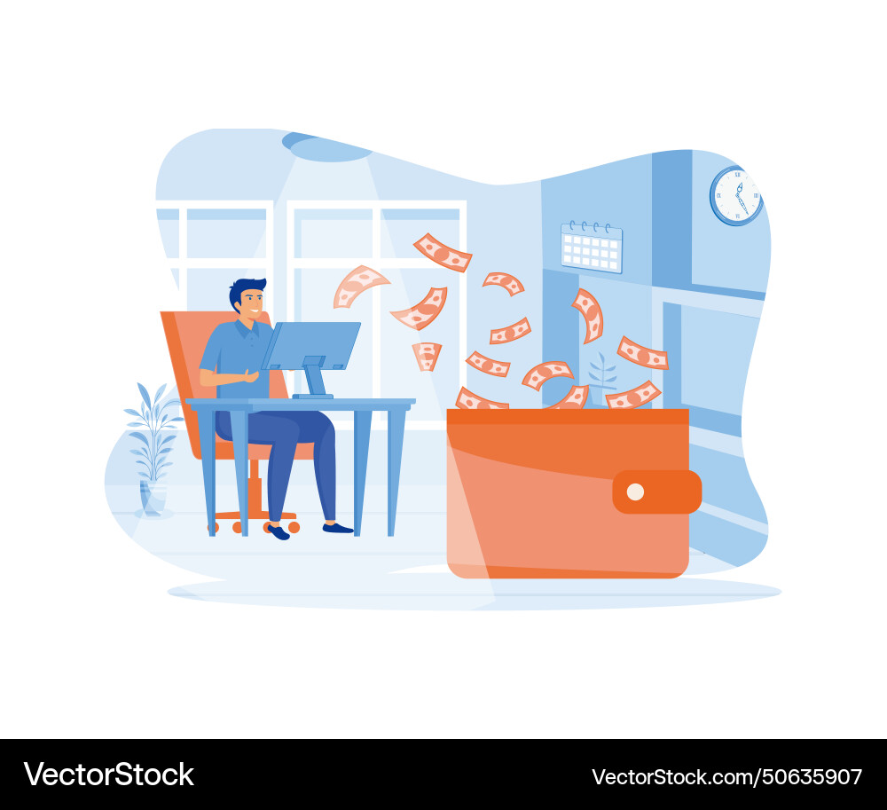 Making money online - bearded man working at desk Vector Image