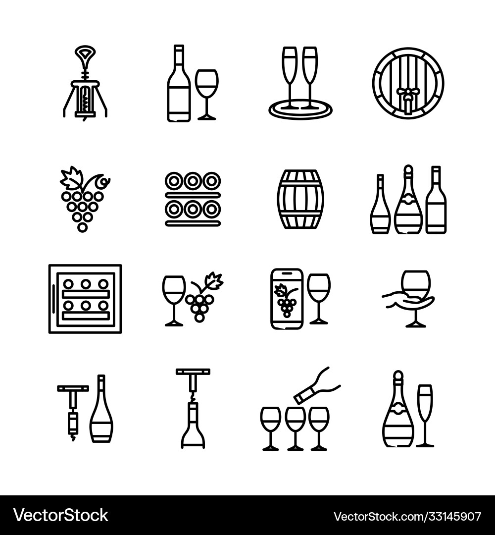 Wine icons line art editable stroke set Royalty Free Vector