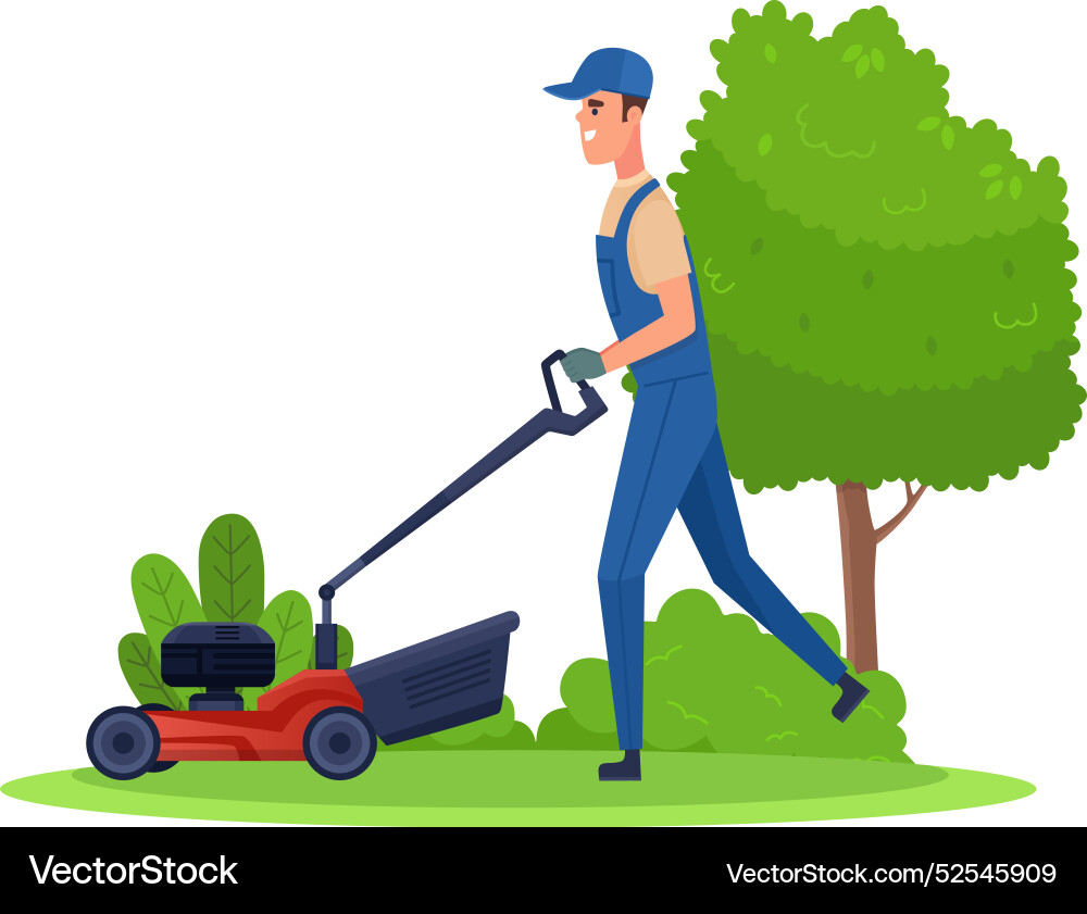 Lawn maintenance young worker trim green grass Vector Image
