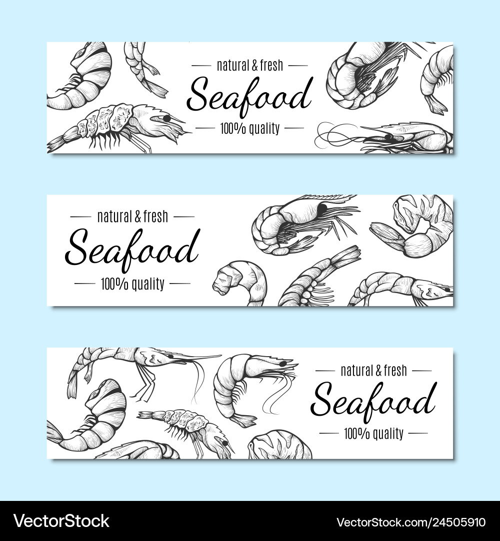 Shrimp banner seafood restaurant menu poster set Vector Image