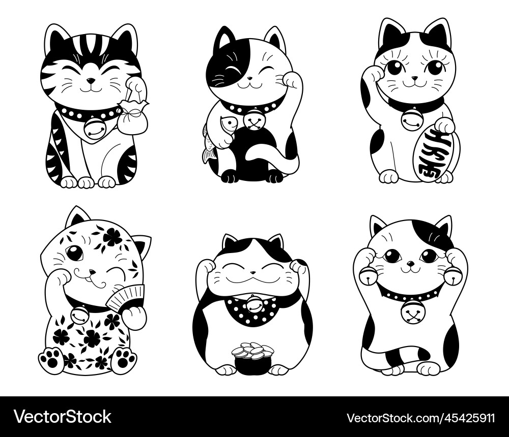 Maneki neko outline set Royalty Free Vector Image