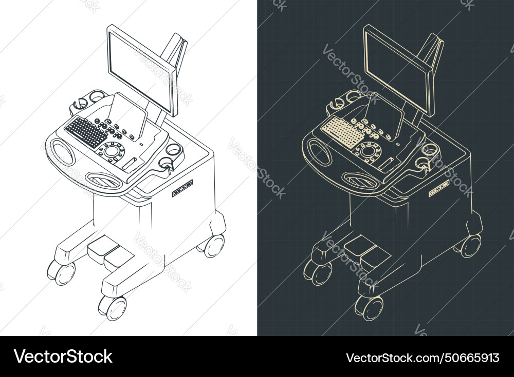 Ultrasound machine isometric blueprints Royalty Free Vector
