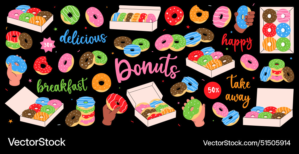 Donuts set hand drawn elements for confectionery Vector Image