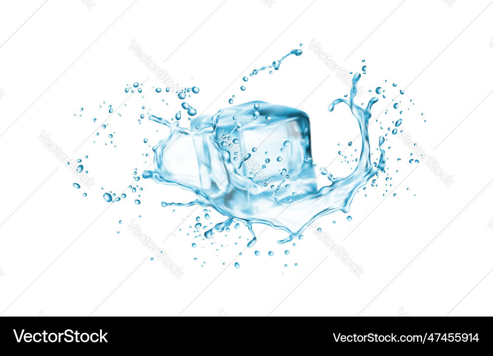 Ice cube with water splash isolated 3d Royalty Free Vector