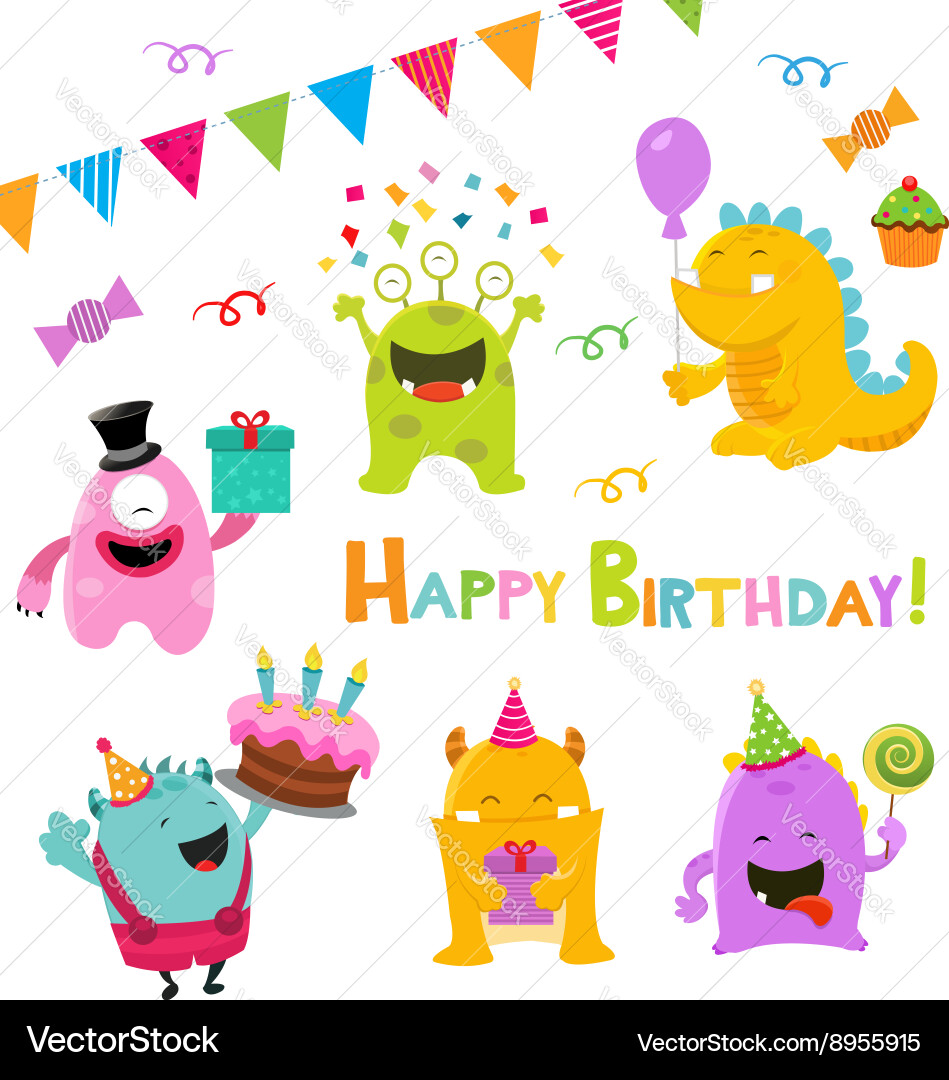 Birthday monster set Royalty Free Vector Image