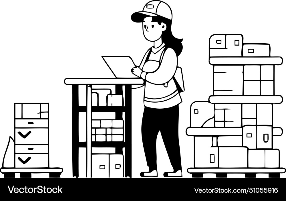 Warehouse worker with boxes and laptop in flat Vector Image