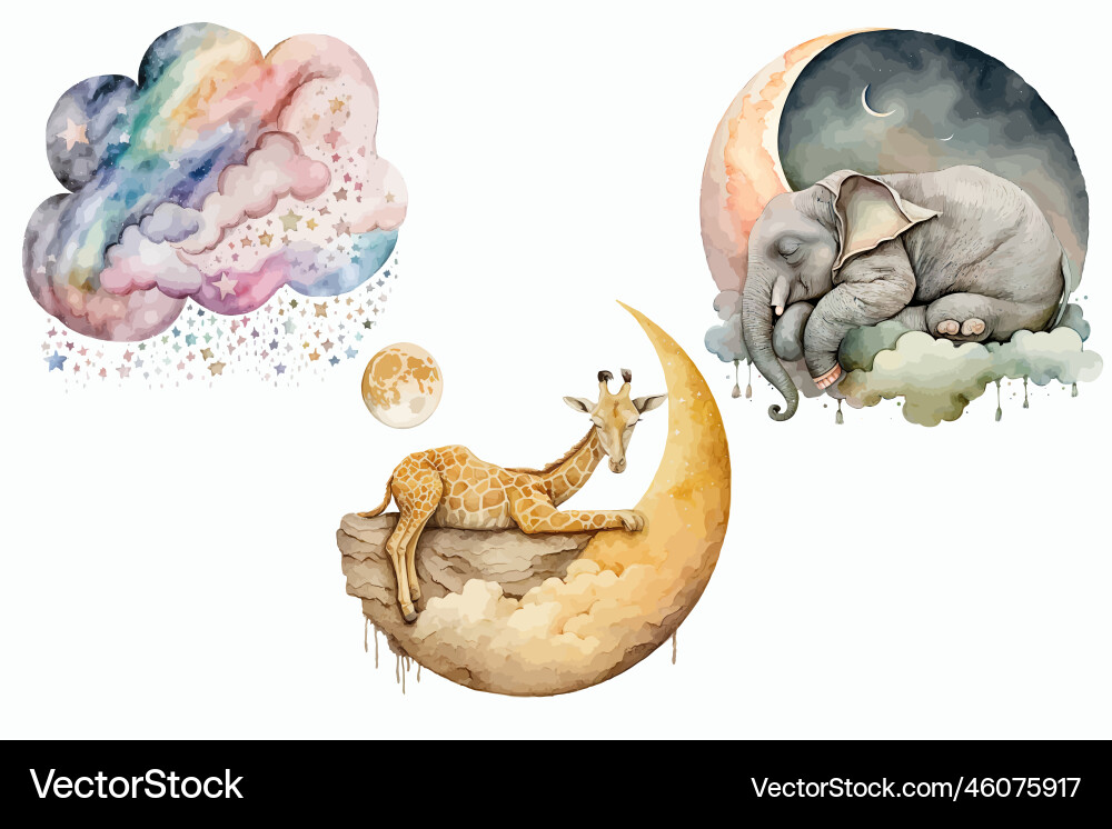 Elephant and giraffe sleep on crescent moon cloud Vector Image
