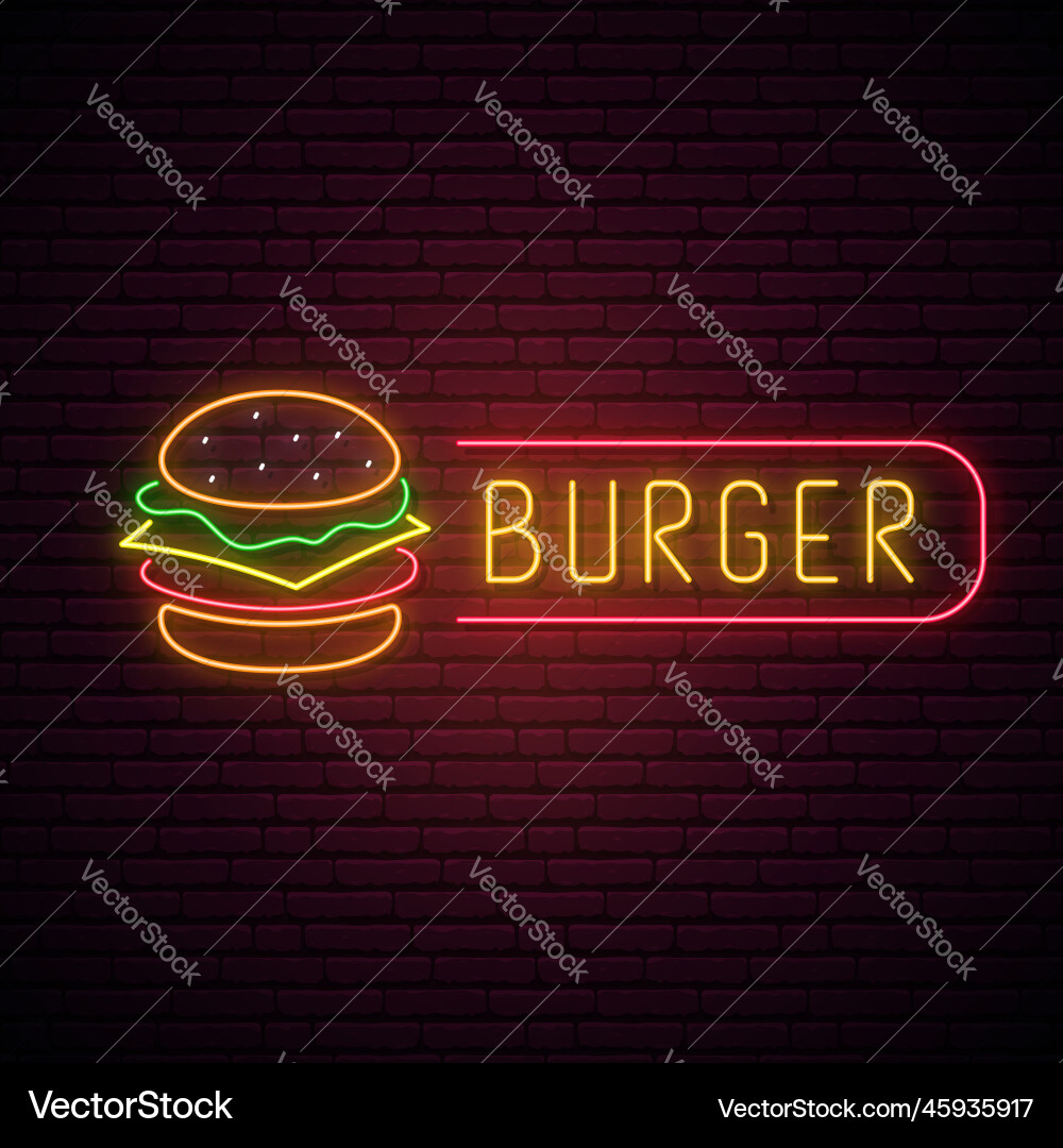 Neon burger sign glowing icon Royalty Free Vector Image
