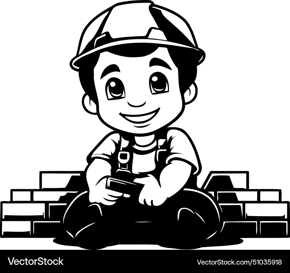 Cartoon construction worker with brick wall clip Vector Image
