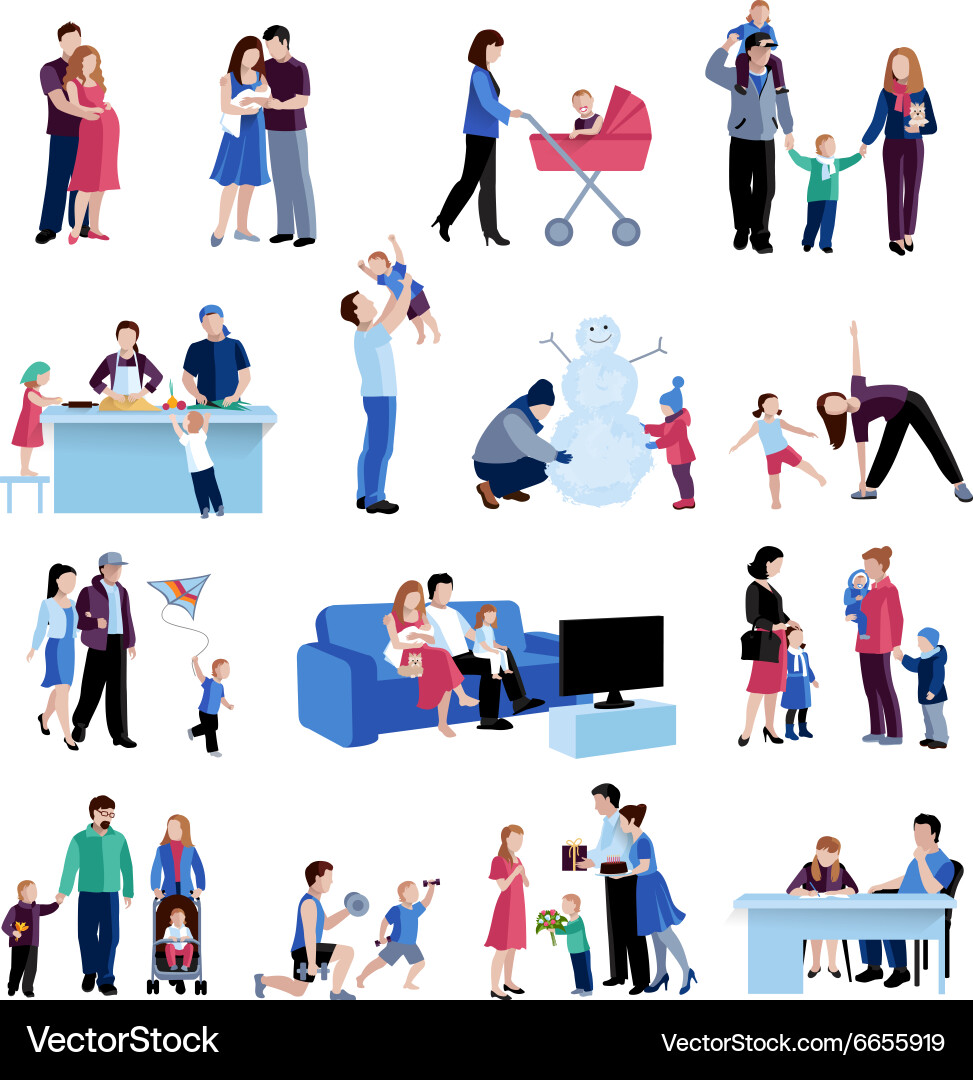 Parenthood family situations flat icons set Vector Image