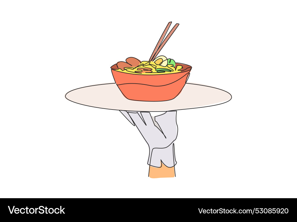 Continuous one line drawing waiter holding food Vector Image