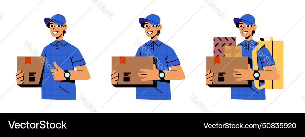 Delivery man character in blue cap with box set Vector Image