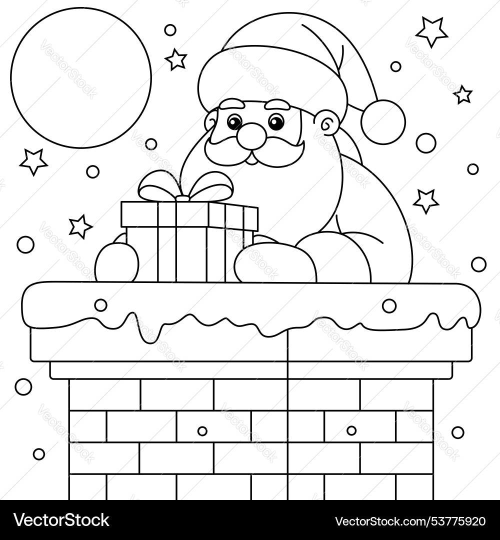Santa and gift on chimney outline coloring page Vector Image