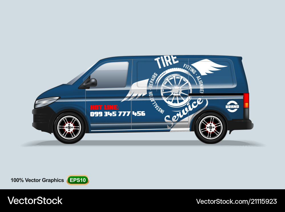 Tire service blue delivery van template Royalty Free Vector