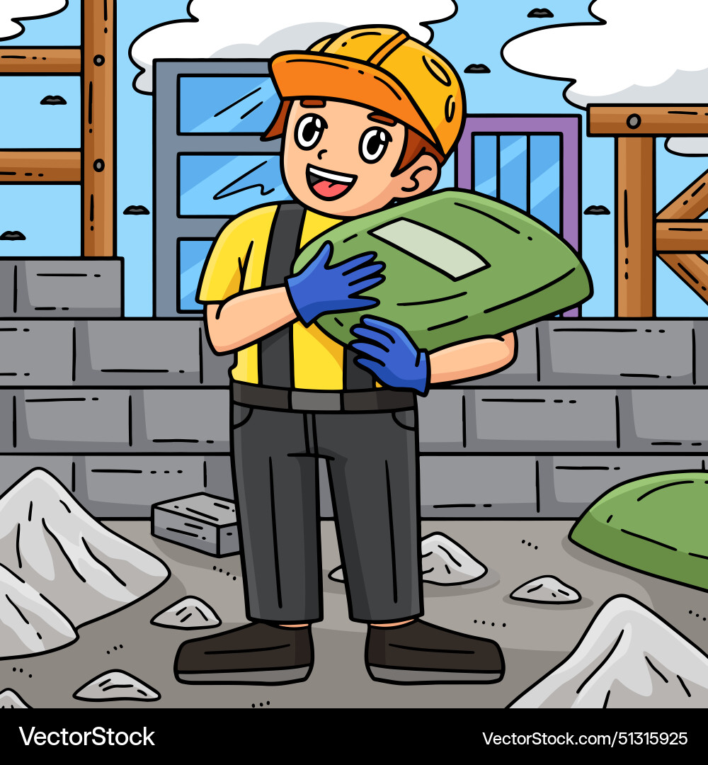 Construction worker hauling cement colored cartoon