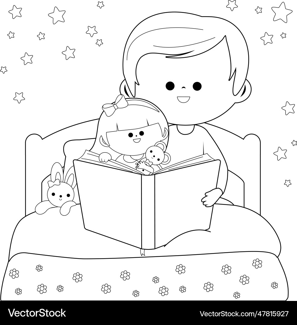 Family reading a book in bed Royalty Free Vector Image