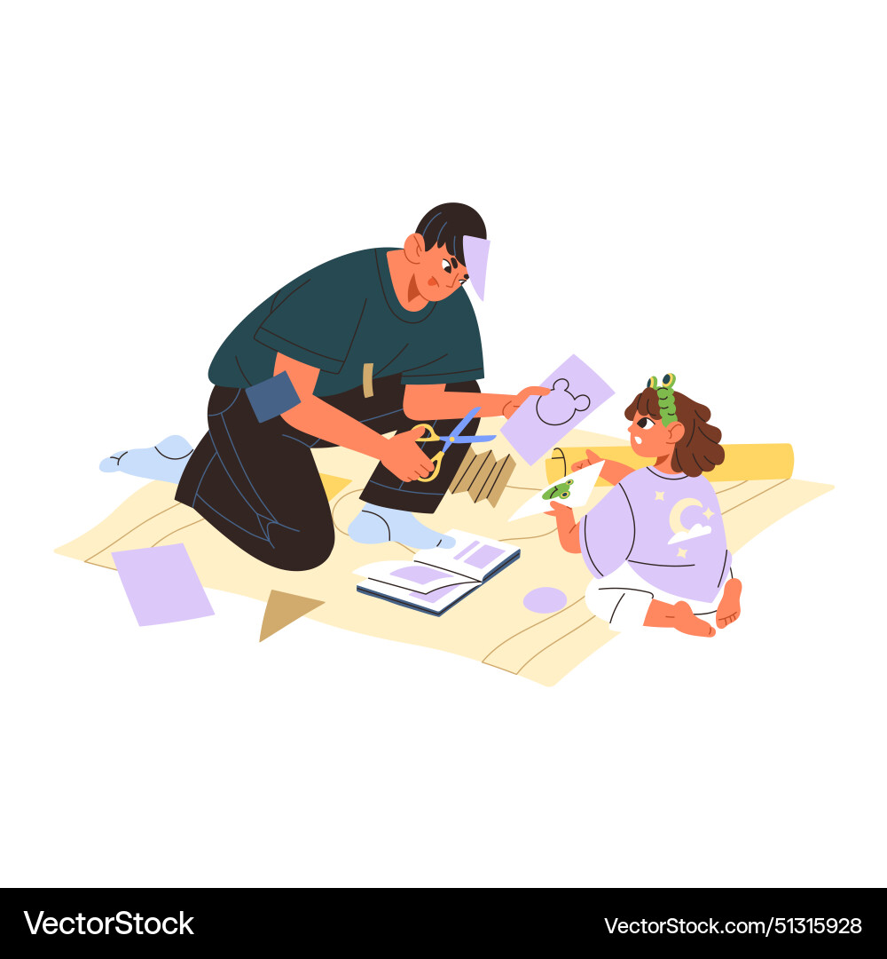 Diligent dad helps his kid making childish craft Vector Image