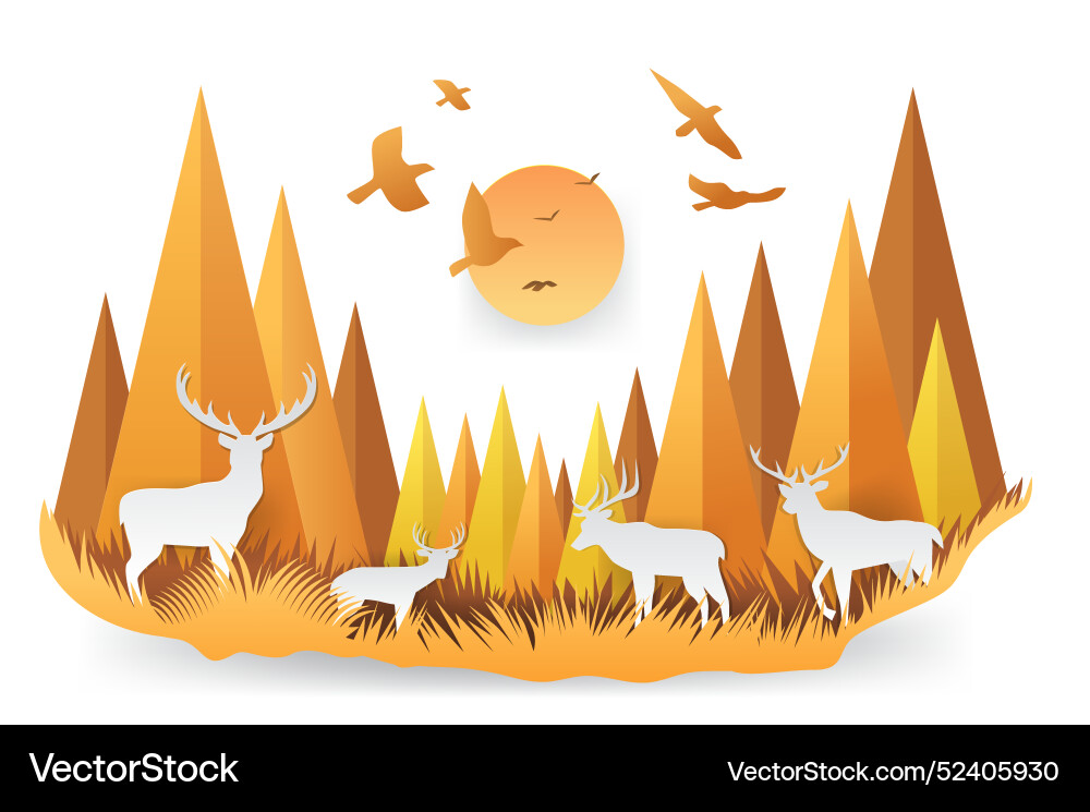 Deer in autumn forest landscape with mountains sun