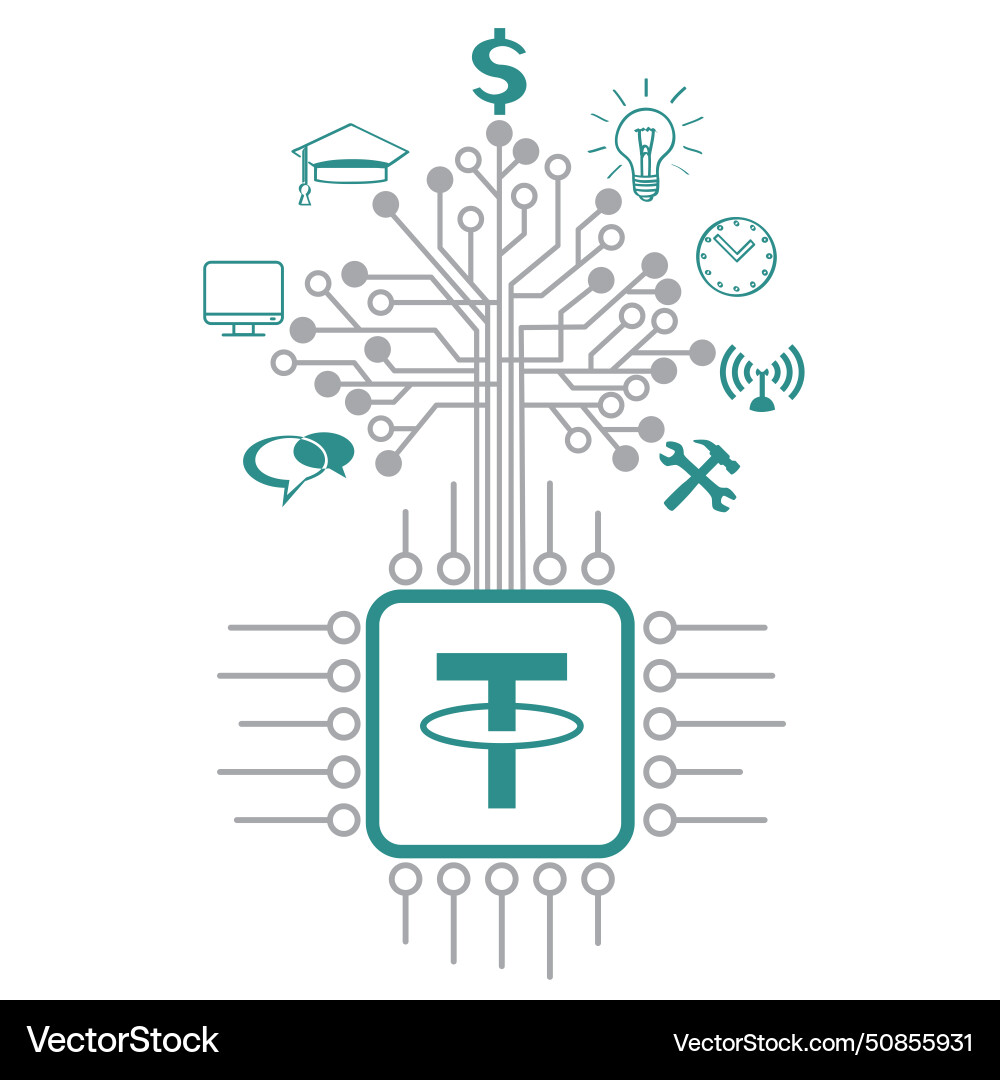 Grow tether crypto tree on cpu computer chip Vector Image