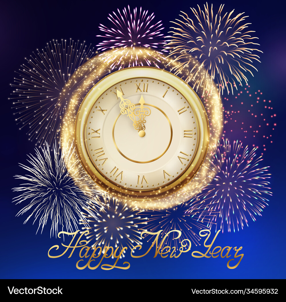 Background with fireworks and clock Royalty Free Vector