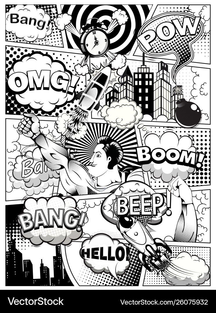 Black and white comic book page Royalty Free Vector Image