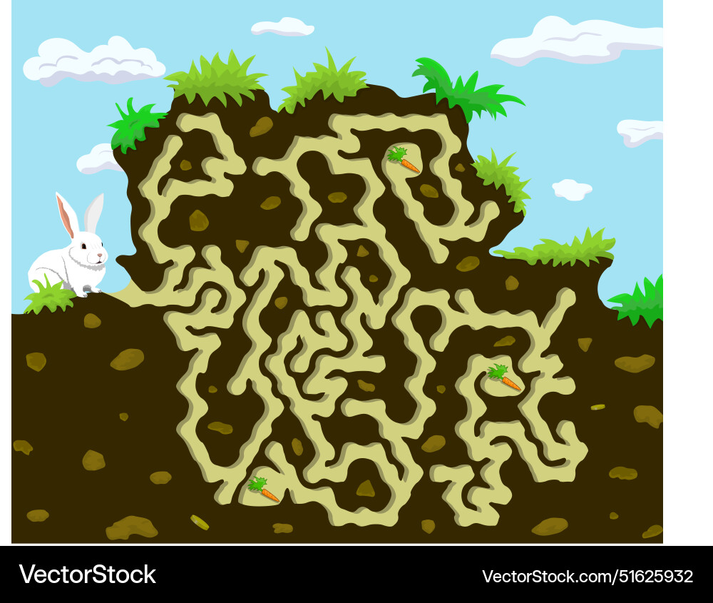 Help rabbit to find three carrots maze game for Vector Image