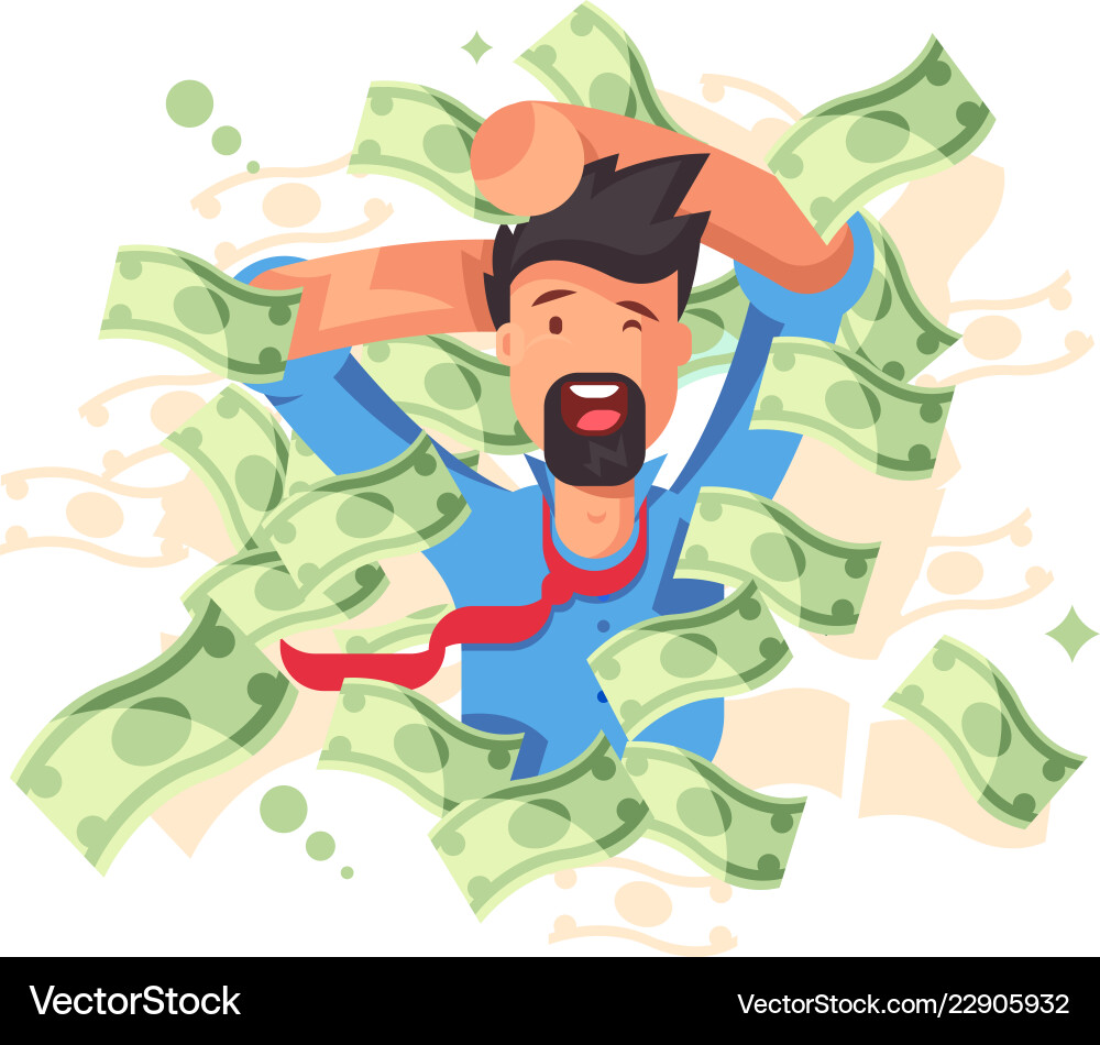 Rich smiling man bathing in money Royalty Free Vector Image