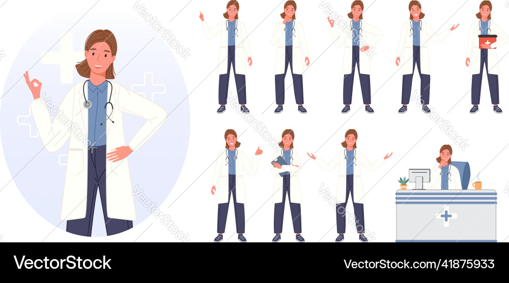 Female doctor set in different pose group Vector Image