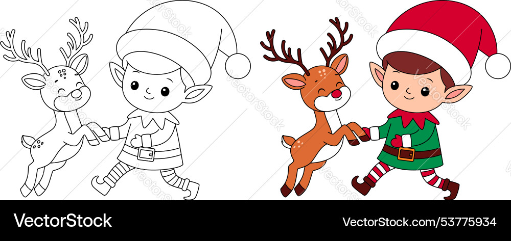 Cute Elf with Reindeer - Coloring Page – Royalty-Free Vector | VectorStock
