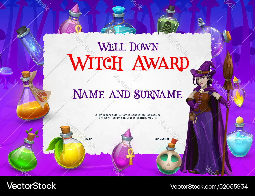 Halloween diploma with witch magic potion bottles Vector Image