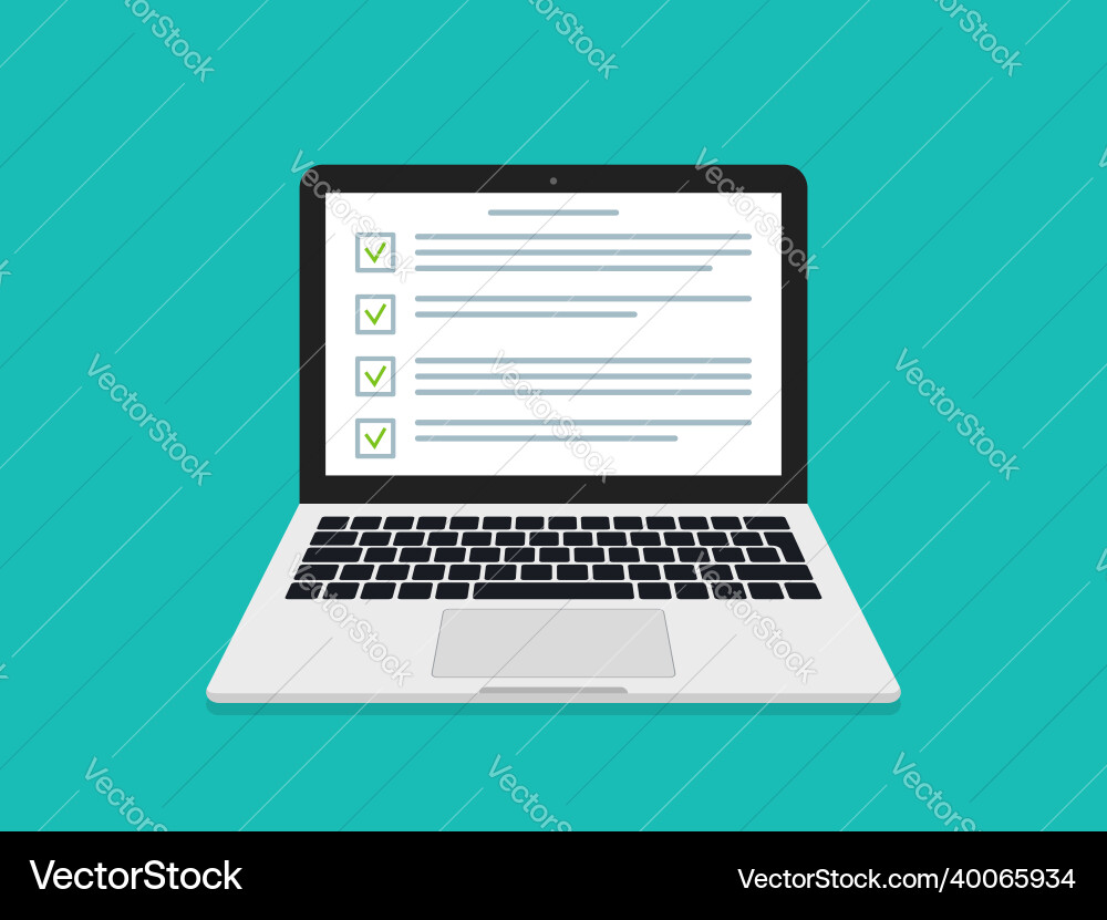 Online-Umfrage im Laptop-Test mit Checkliste Vektorbild