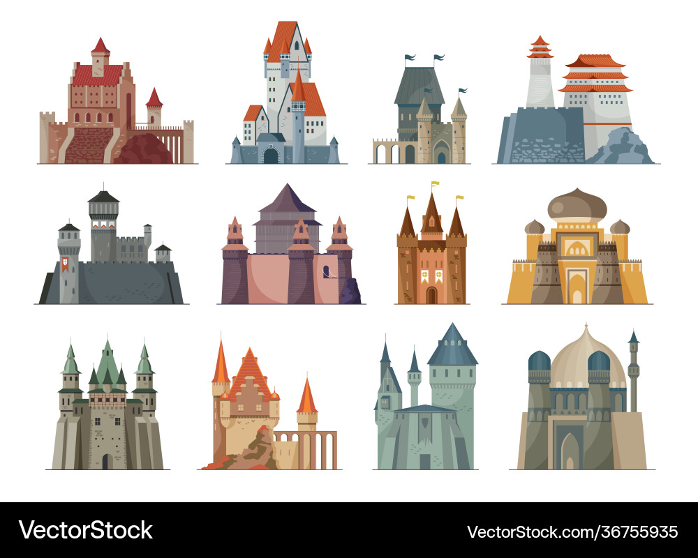 Castle flat set Royalty Free Vector Image - VectorStock
