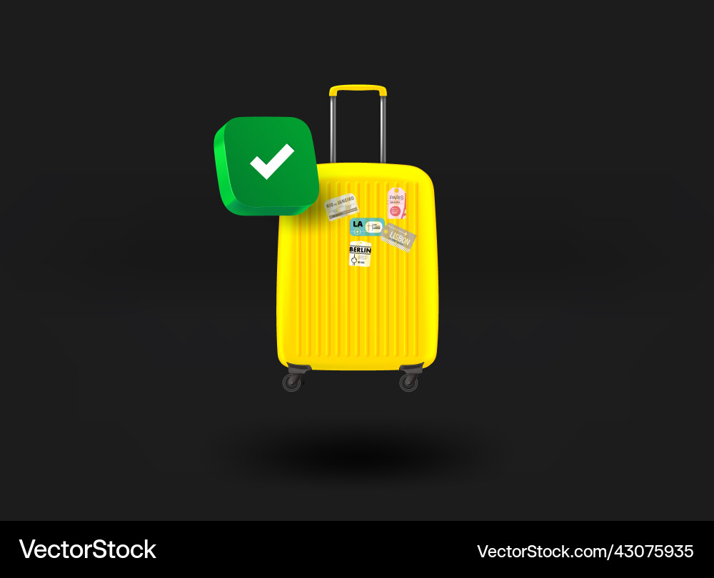 Yellow suitcase with checkmark icon 3d Royalty Free Vector
