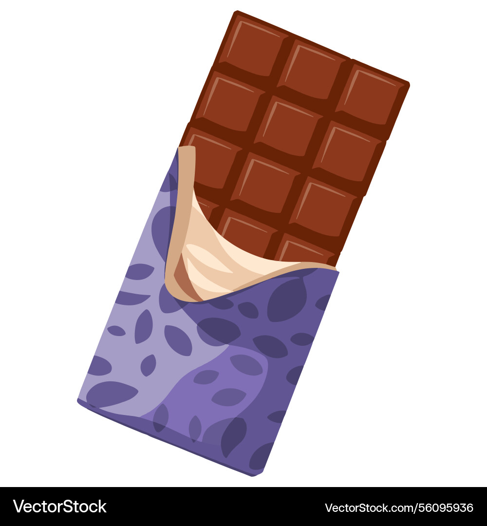 Chocolate bar in opened violet wrapper with foil Vector Image